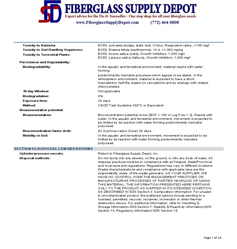 Fiberglass Supply Depot Inc. > 2 lb. Pour Foam SDS