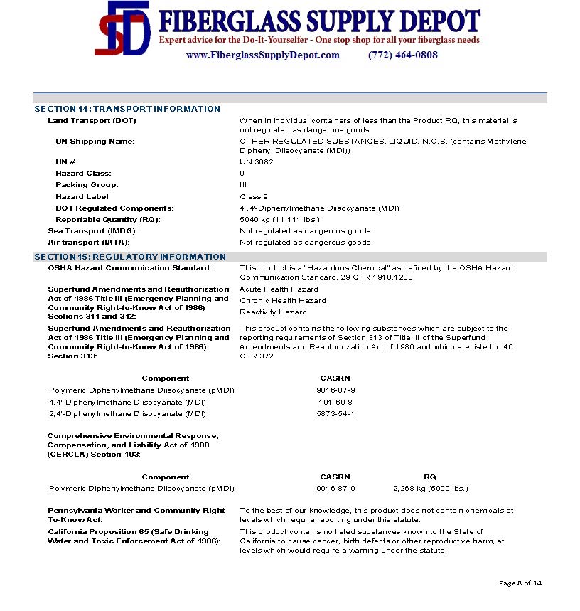 Fiberglass Supply Depot Inc. > 2 lb. Pour Foam SDS