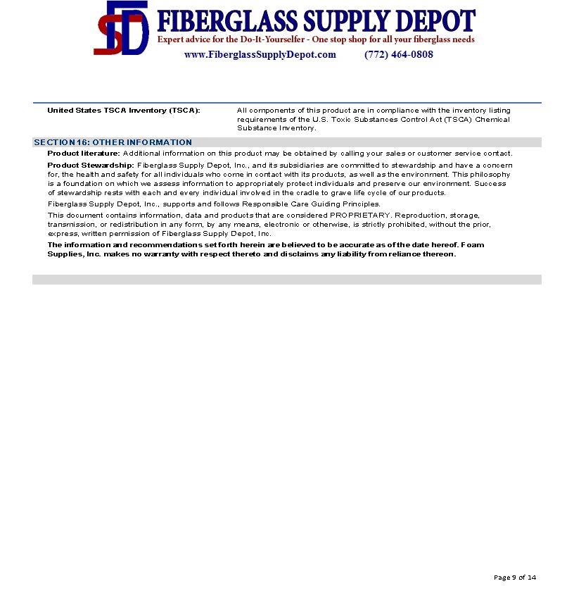 Fiberglass Supply Depot Inc. > 2 lb. Pour Foam SDS