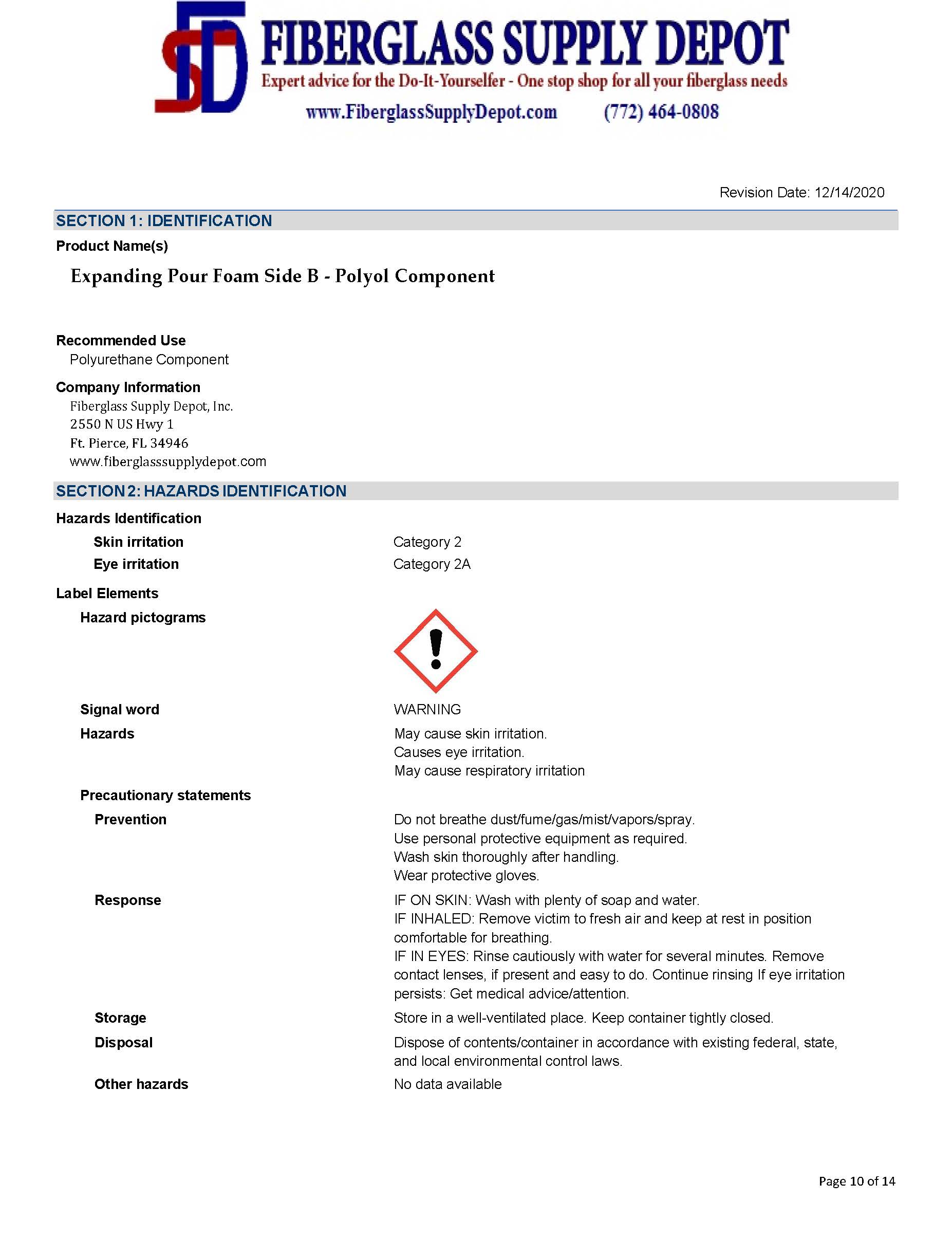 Fiberglass Supply Depot Inc. > 2 lb. Pour Foam SDS